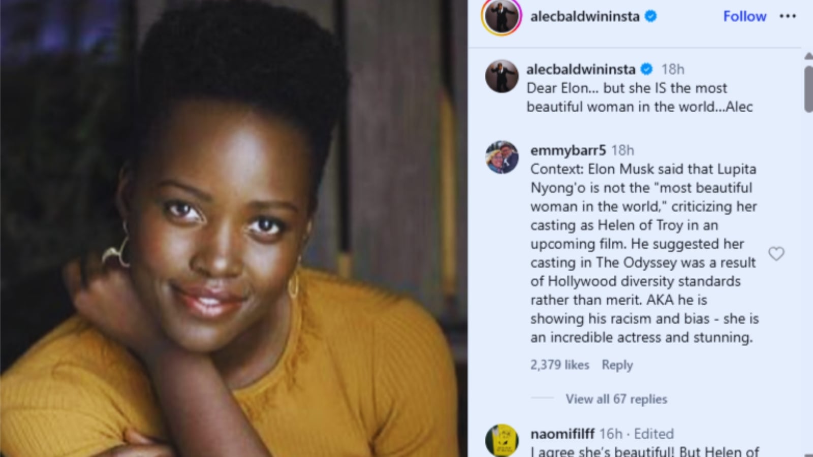 Elon Musk Went After Lupita Nyong'o's Beauty. Alec Baldwin Answered ...
